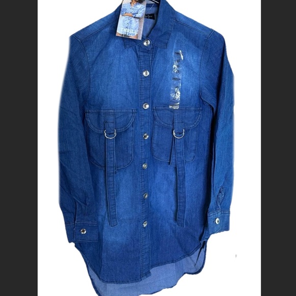 Thrill | Tops | Thrill Jeans Top Stretch Denim Distressed Long Sleeves ...